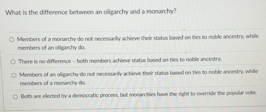 Solved: What is the difference between an oligarchy and a monarchy ...