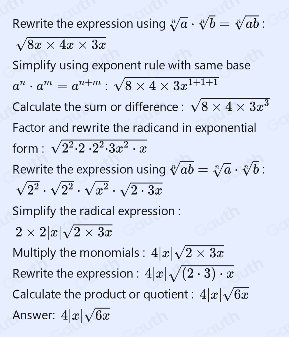 Solved: sqrt(8x)*sqrt(4x)*sqrt(3x) [Math]