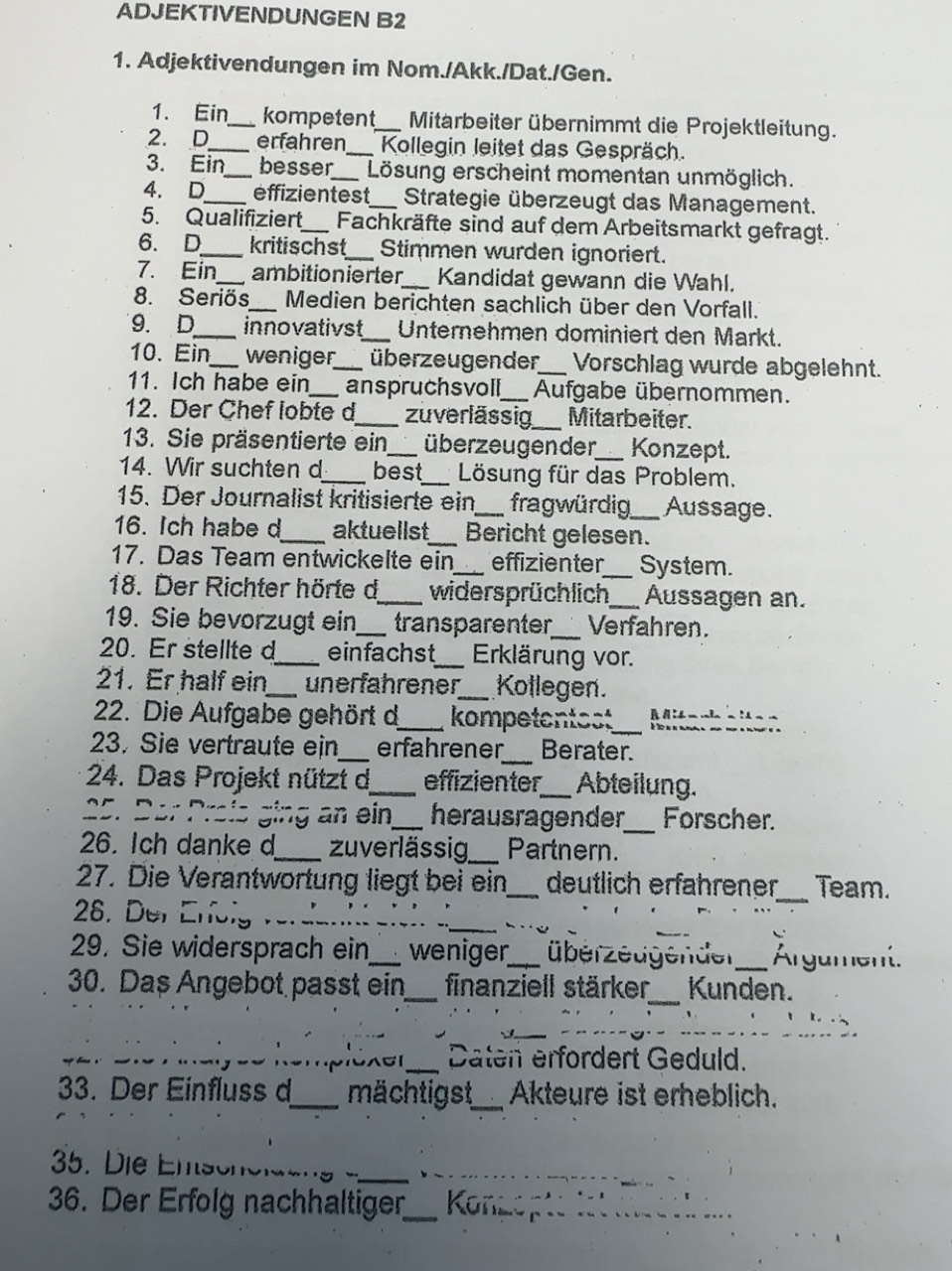 Gelöst:ADJEKTIVENDUNGEN B2 1. Adjektivendungen im Nom./Akk./Dat./Gen. 1 ...