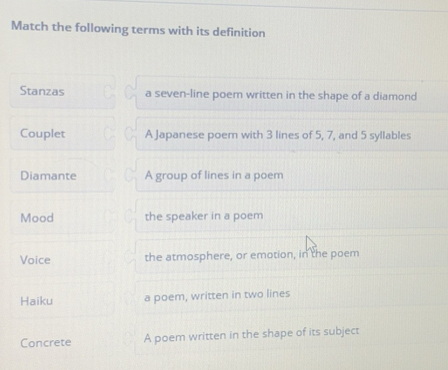 Solved: Match the following terms with its definition Stanzas a seven ...