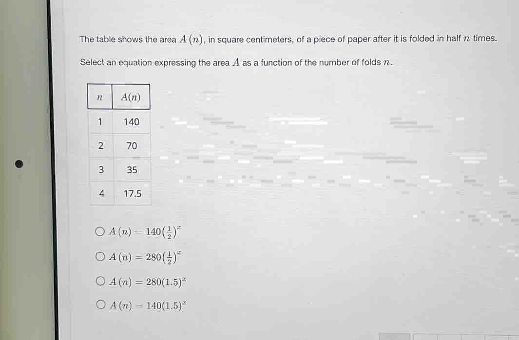 The table shows the area A(n) , in square centimeters, of a piece of ...