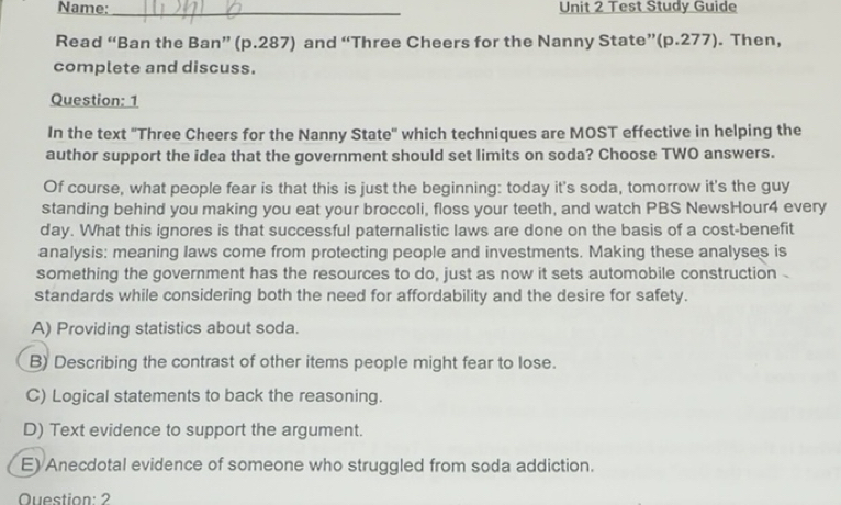 Solved: Name: _Unit 2 Test Study Guide Read “Ban the Ban” (p.287) and ...