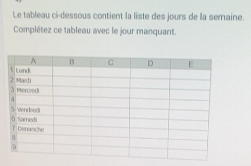 Résolu :Le tableau ci-dessous contient la liste des jours de la semaine ...