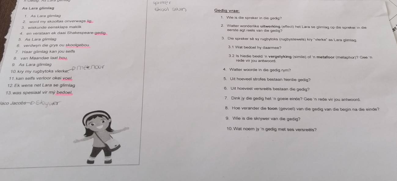 Solved: As Lara glimlag Gedig vrae: 1. As Lara glimlag 1. Wie is die ...