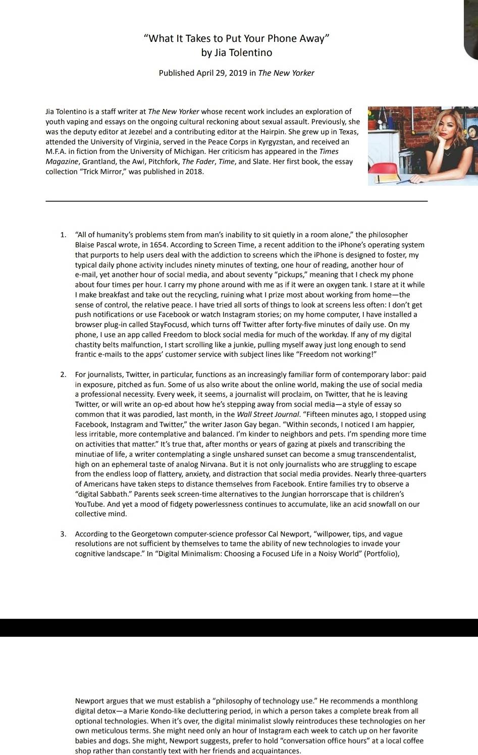 Solved: “What It Takes to Put Your Phone Away” by Jia Tolentino ...