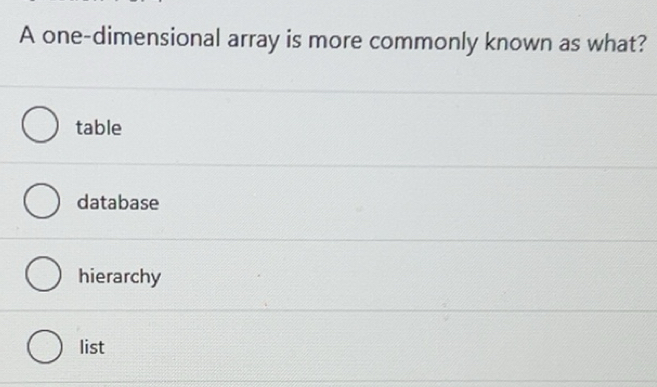 Solved: A one-dimensional array is more commonly known as what? table ...