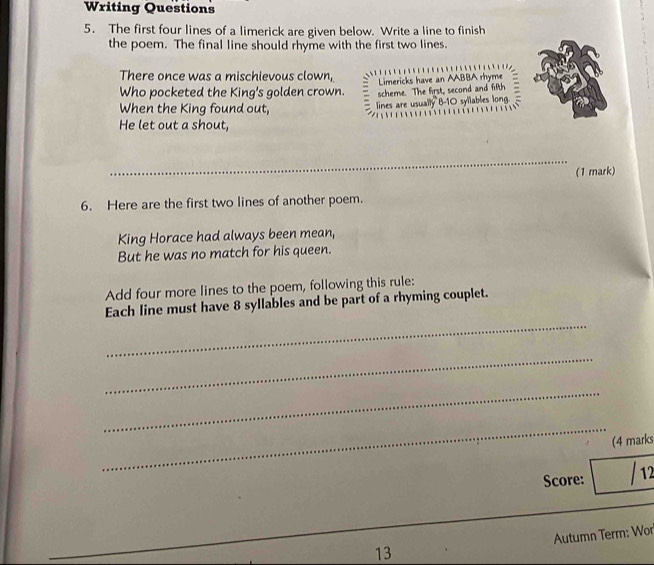 Solved: Writing Questions 5. The first four lines of a limerick are ...