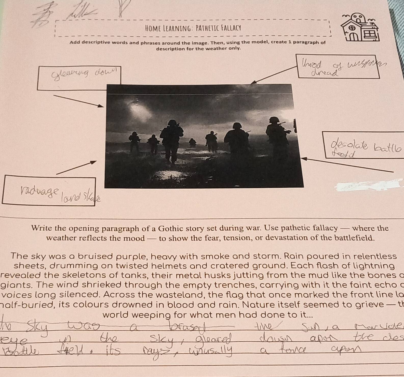 Solved: Home Learning: PAthetic Fallacy Add descriptive words and ...