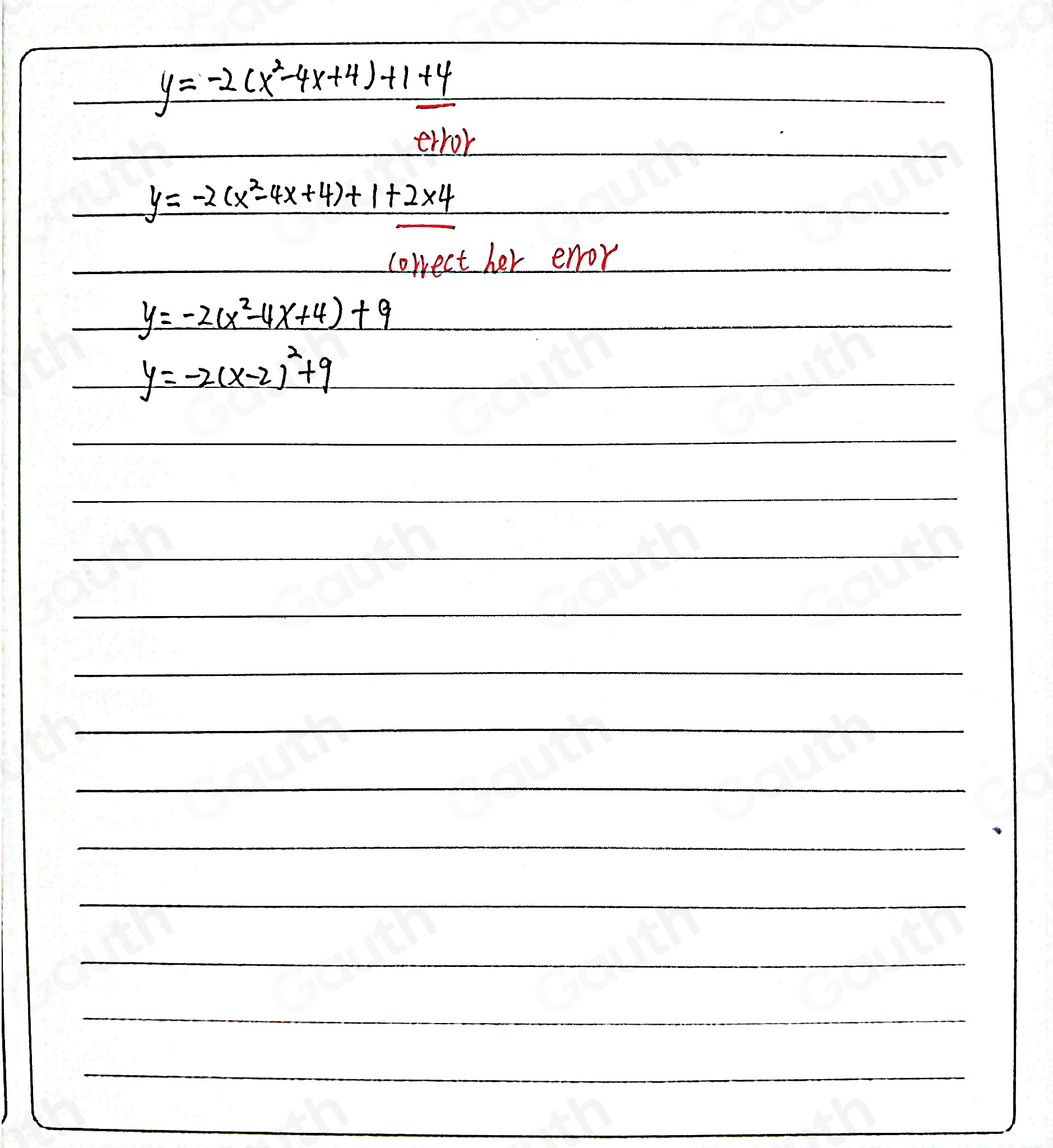 Solved: Michelle used completing the square to rewrite y=-2x^2+8x+1 in ...
