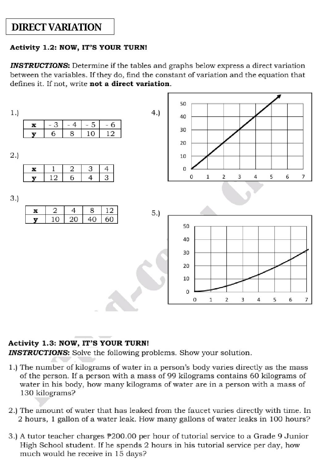 Solved: DIRECT VARIATION Activity 1.2: NOW, IT’S YOUR TURN ...