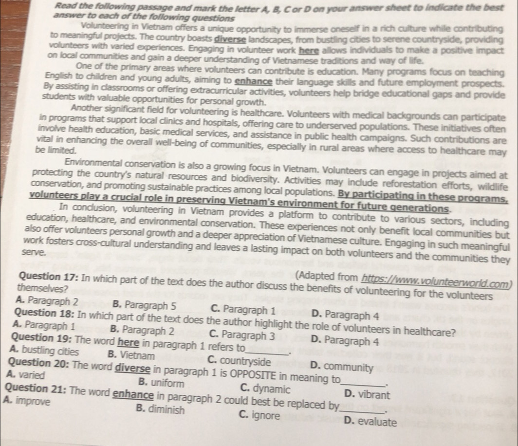 Giải quyết:Read the following passage and mark the letter A, B, C or D ...