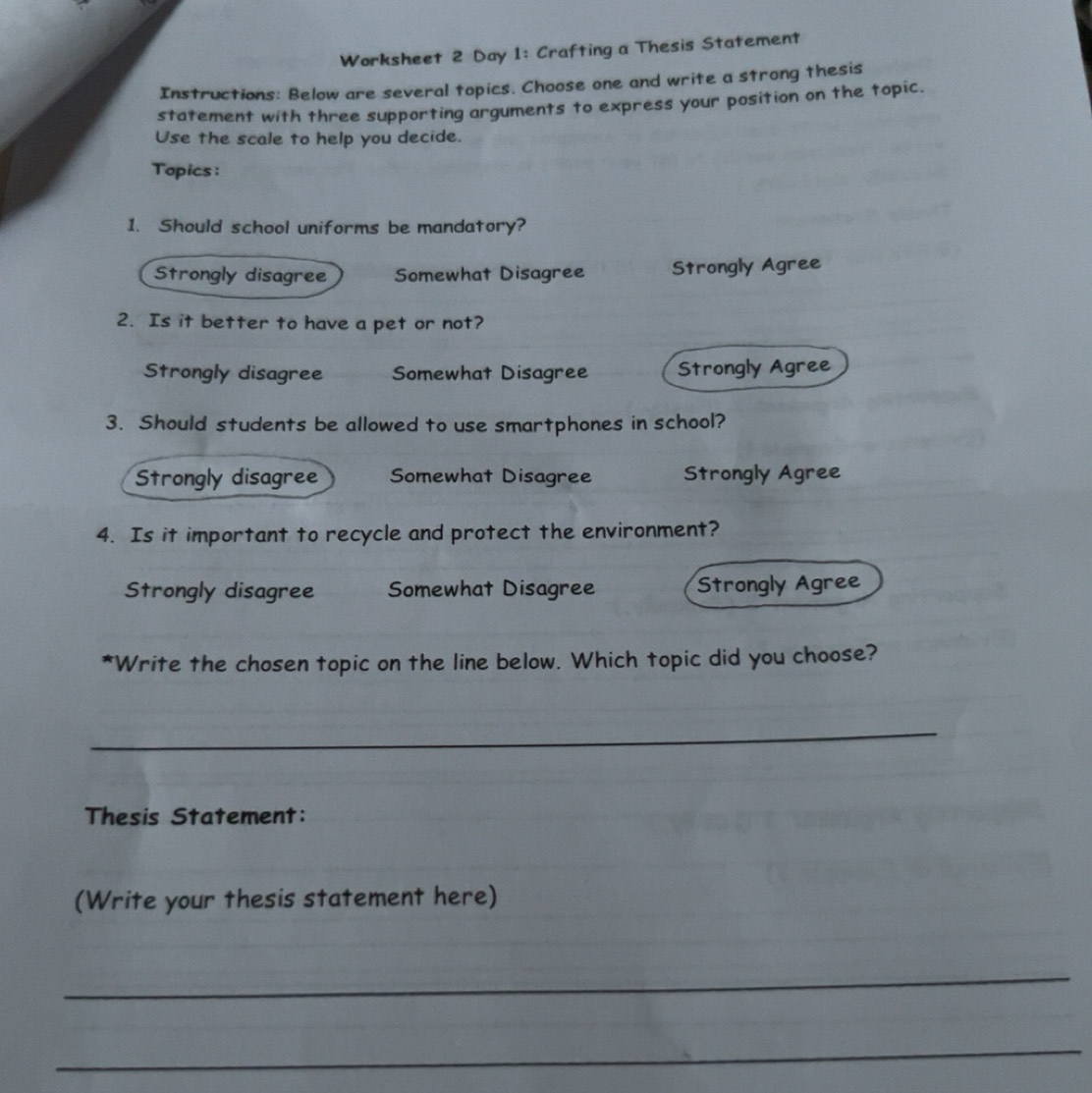 Solved: Worksheet 2 Day 1: Crafting a Thesis Statement Instructions ...