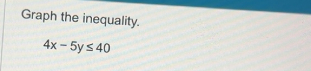 Solved: Graph the inequality. 4x-5y≤ 40 [Math]