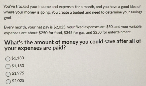Solved: You've tracked your income and expenses for a month, and you ...