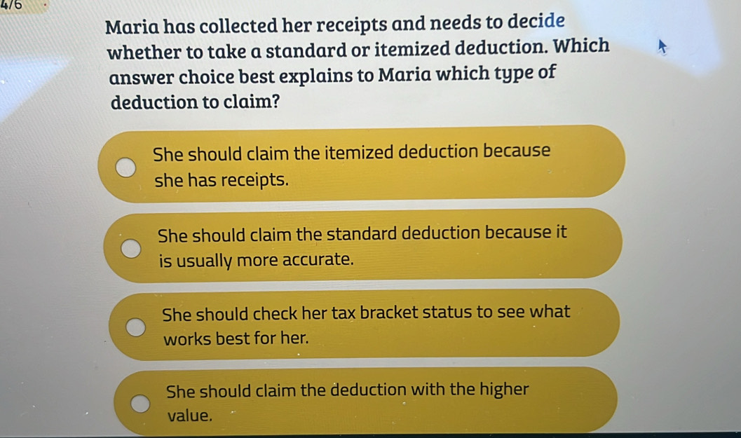 Solved: 4/6 Maria has collected her receipts and needs to decide ...