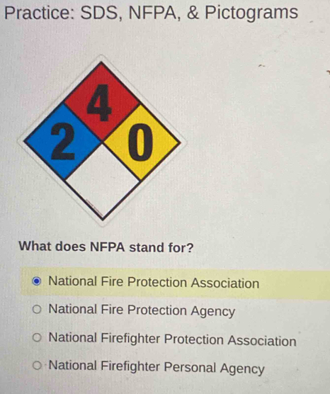 Solved: Practice: SDS, NFPA, & Pictograms What does NFPA stand for ...