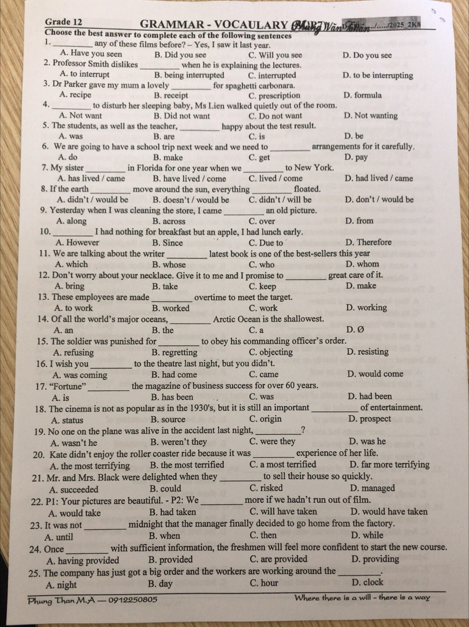 Giải quyết:Grade 12 GRAMMAR - VOCAULARY (MR Văn ../…./2025_2K8 Choose ...