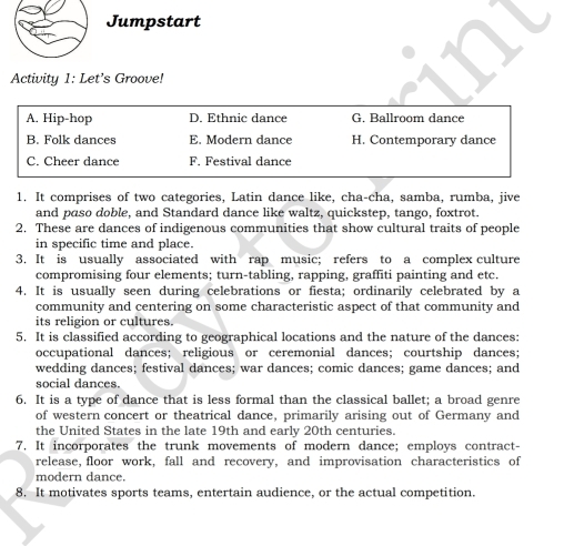 Solved: Jumpstart Activity 1: Let's Groove! A. Hip-hop D. Ethnic dance ...