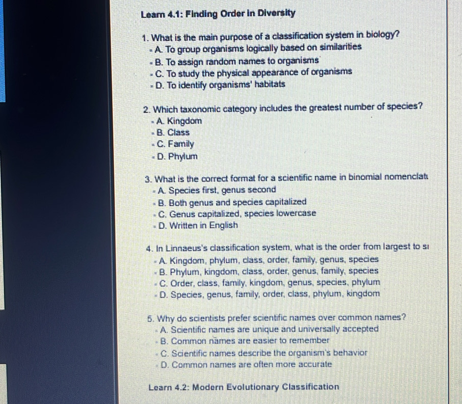 Solved: Learn 4.1: Finding Order in Diversity 1. What is the main ...