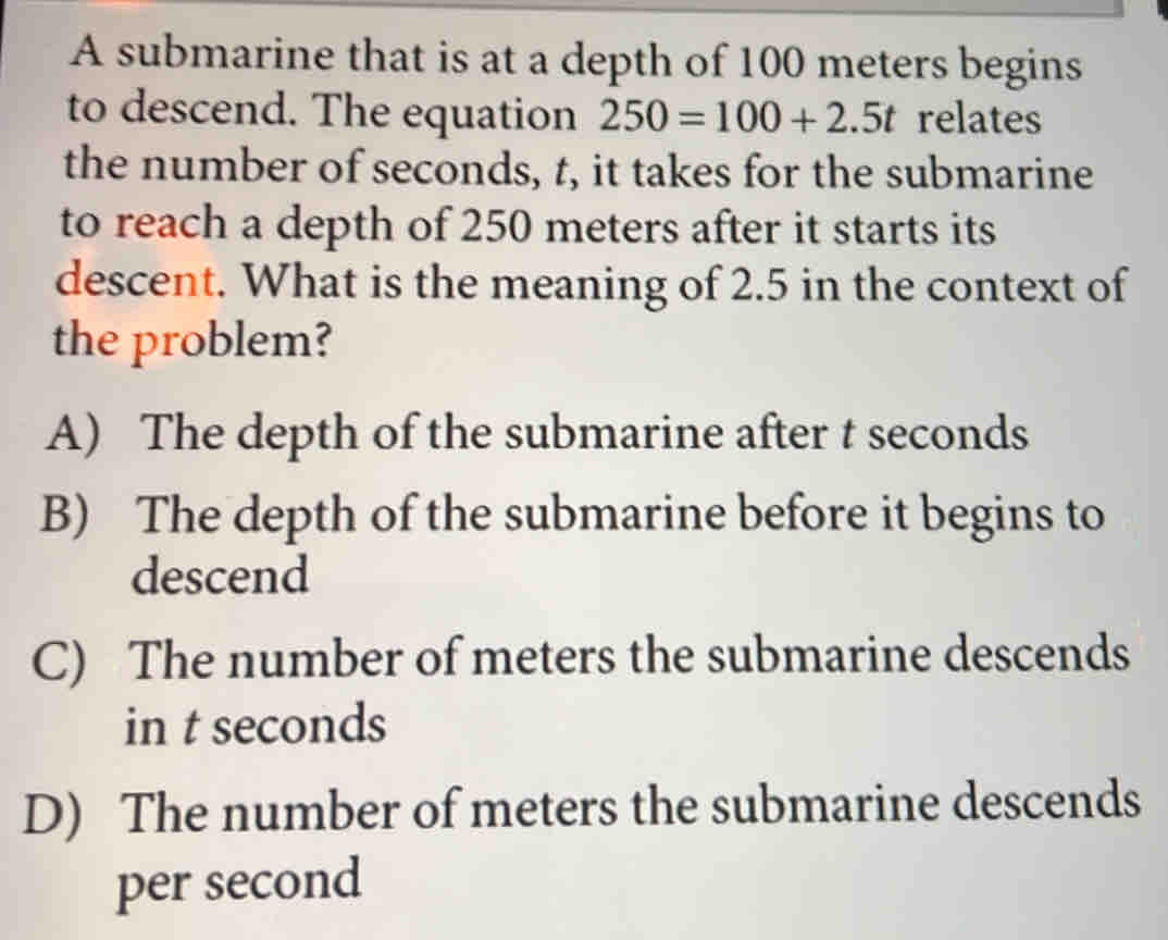 A submarine that is at a depth of 100 meters begins to descend. The ...