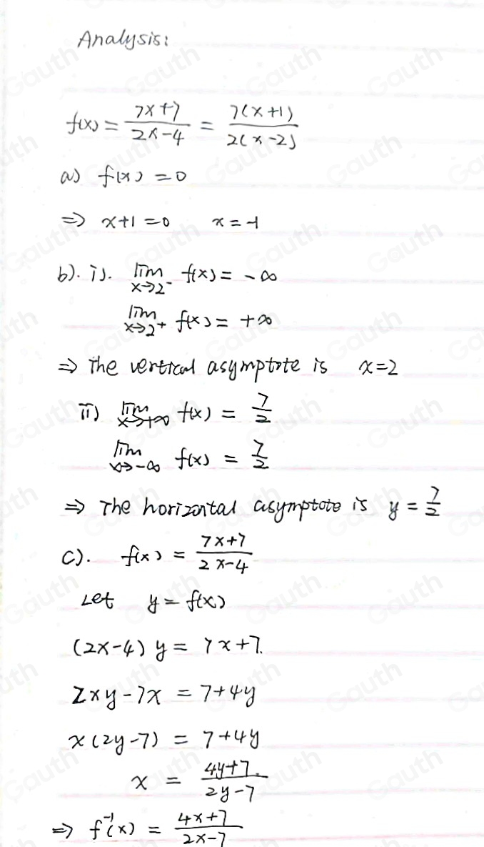 Solved: The function f is defined by f(x)= (7x+7)/2x-4 for x∈ R, x!= 2 ...