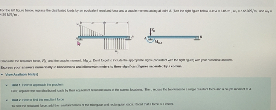 Solved: For the left figure below, replace the distributed loads by an ...