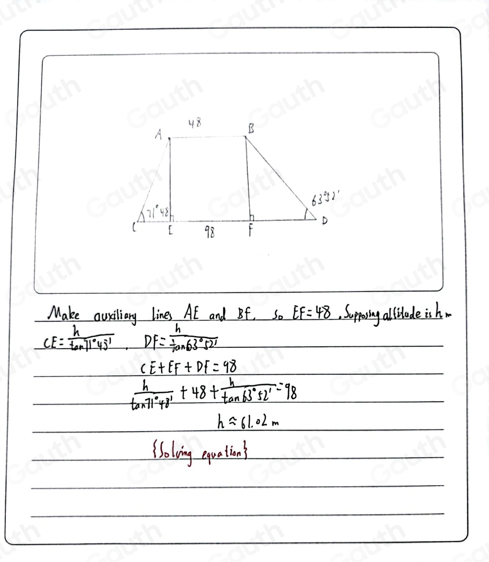 Solved: The bases of a trapezoid are 48 m and 98 m. The angles at the ...
