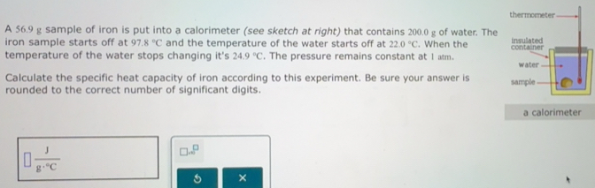 Solved: A 56.9 g sample of iron is put into a calorimeter (see sketch ...