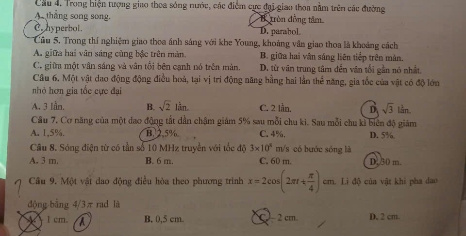 Giải quyết:Cầu 4. Trong hiện tượng giao thoa sóng nước, các điểm cực ...