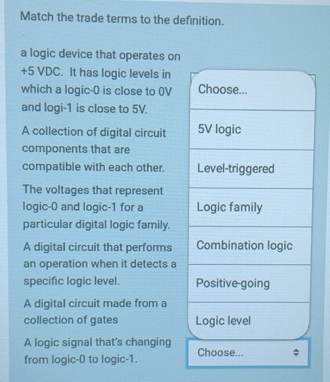 Solved: Match the trade terms to the definition. a logic device that ...