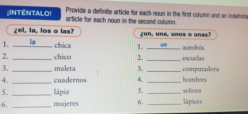 Solved: ¡INTÉNTALO! Provide a definite article for each noun in the ...