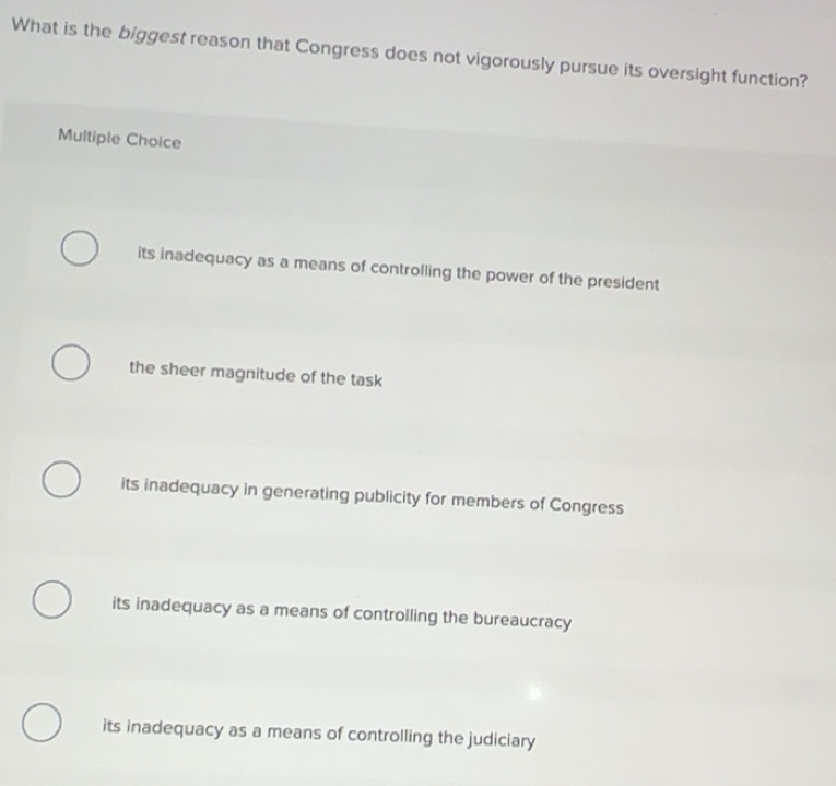 Solved: What is the biggest reason that Congress does not vigorously ...