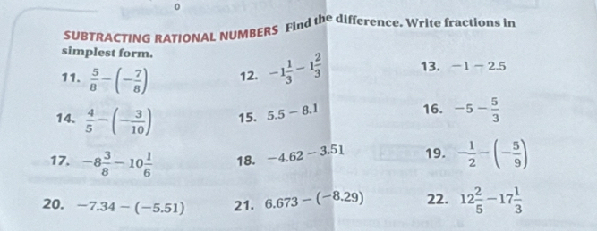 Solved: SUBTRACTING RATIONAL NUMBERS Find the difference. Write ...