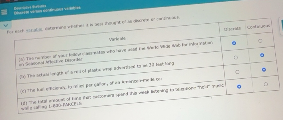 Solved: Descriptive Statistics Discrete versus continuous variables ...