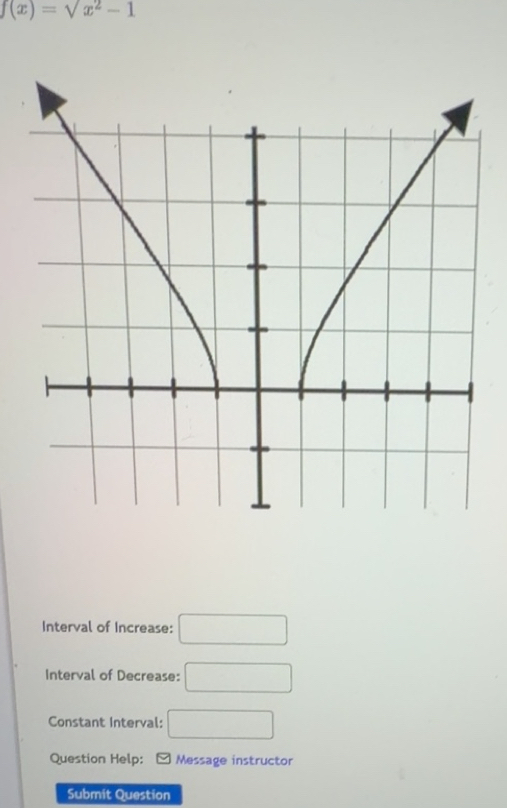 Solved: f(x)=sqrt(x^2)-1 Interval of Increase: Interval of Decrease: Constant Interval: Q [Math]