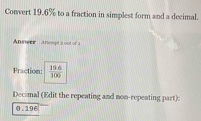 Solved: Convert 19.6% to a fraction in simplest form and a decimal. nswer Attempt 2 out of 2 Fra ...