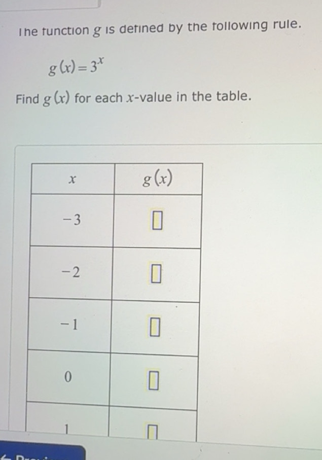 Solved: The function g is defined by the following rule. g(x)=3^x Find ...