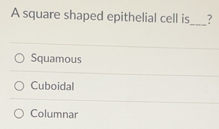 Solved: A square shaped epithelial cell is_ Squamous Cuboidal Columnar ...