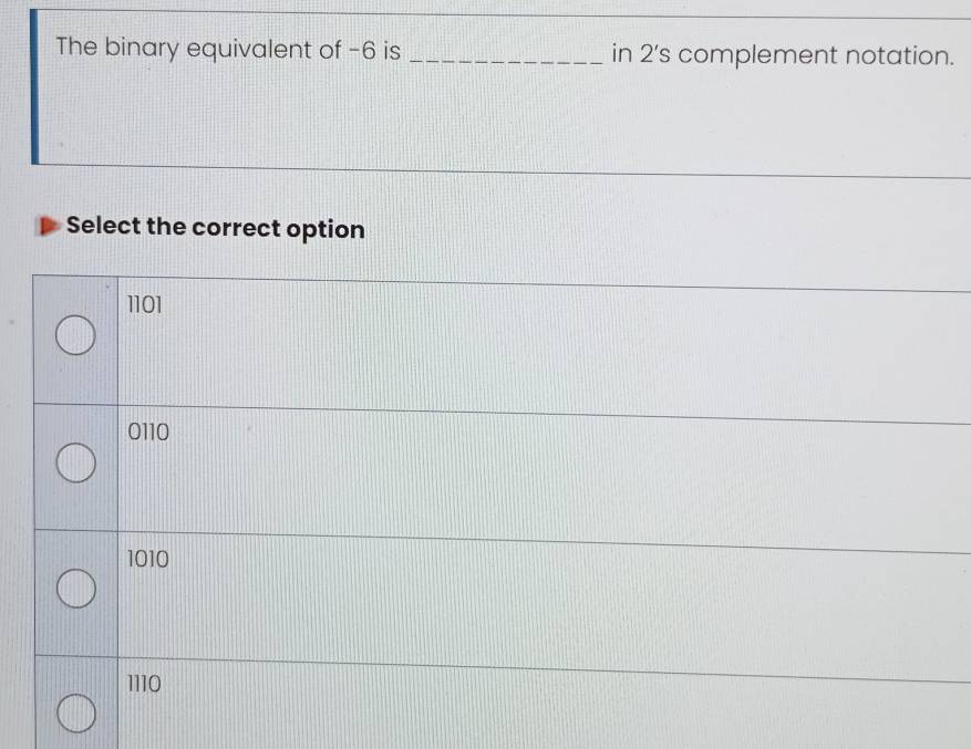 Solved: The binary equivalent of -6 is _in 2 's complement notation ...