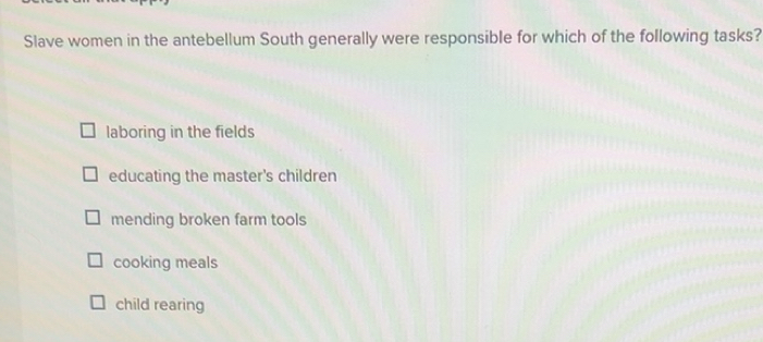 Solved: Slave women in the antebellum South generally were responsible ...