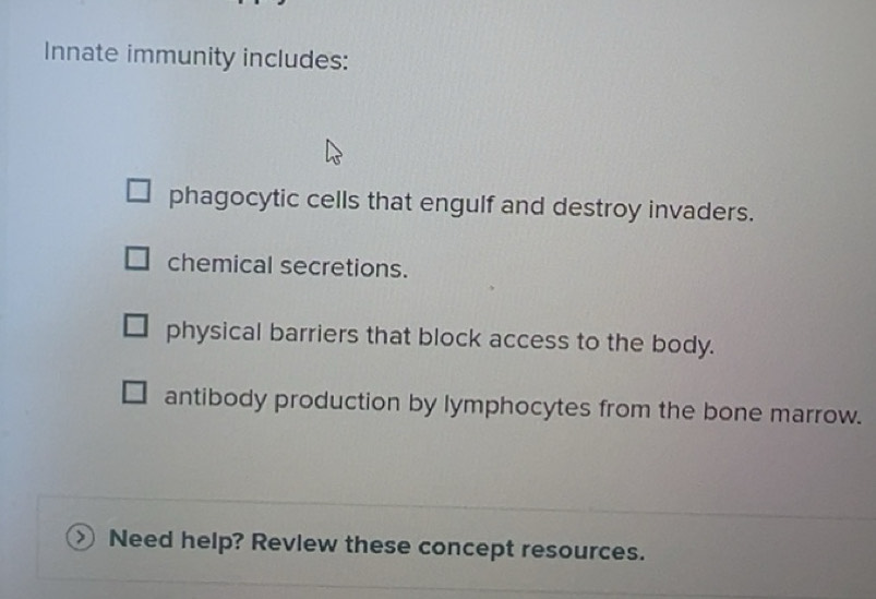 Solved: Innate immunity includes: phagocytic cells that engulf and ...
