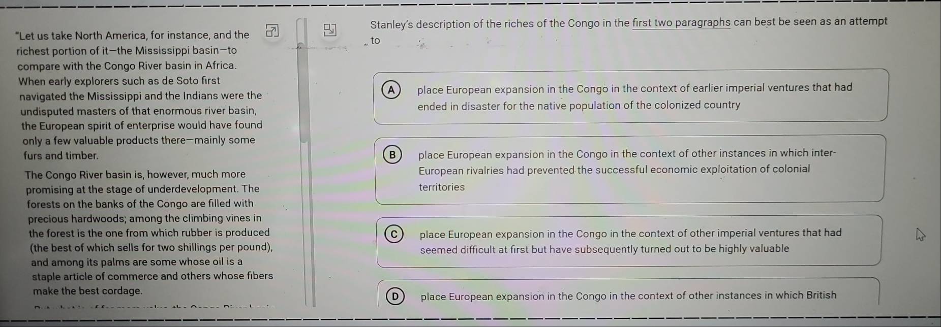 Solved: Stanley's description of the riches of the Congo in the first ...