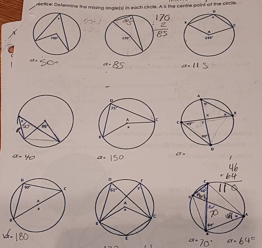 Solved: actice: Determine the missing angle(s) in each circle. A is the ...
