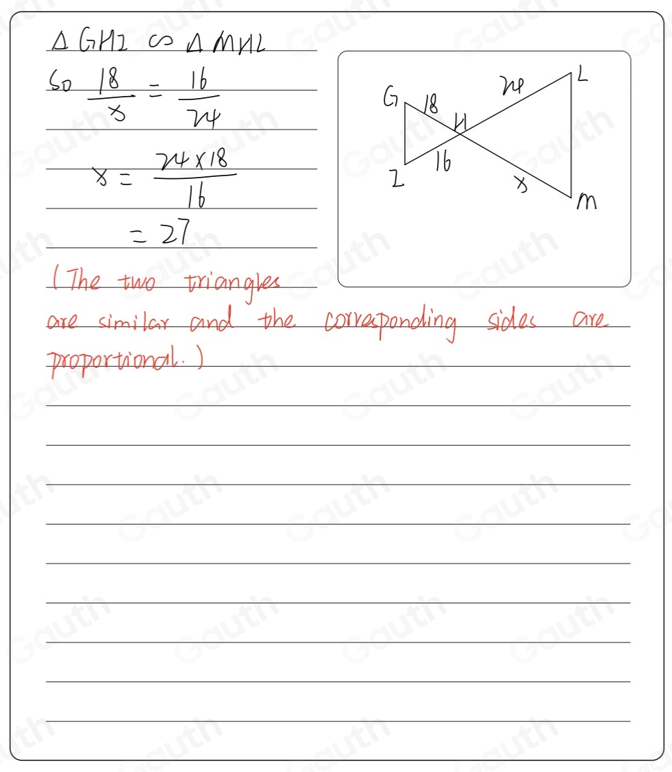Solved: In the figure below, triangle GHI is similar to triangle MHL. What is the distance ...
