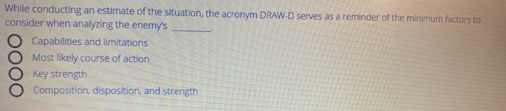 Solved: While conducting an estimate of the situation, the acronym DRAW ...