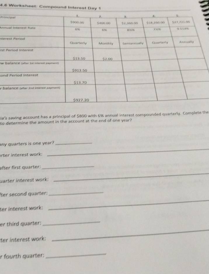 Solved: 4.6 Worksheet: Compound Interest Day 1 Prt Ann nte rs w on y b ...
