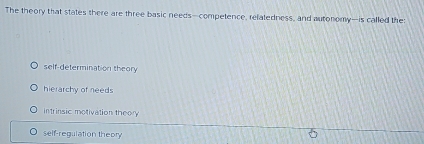 Solved: The theory that states there are three basic needs—competence ...