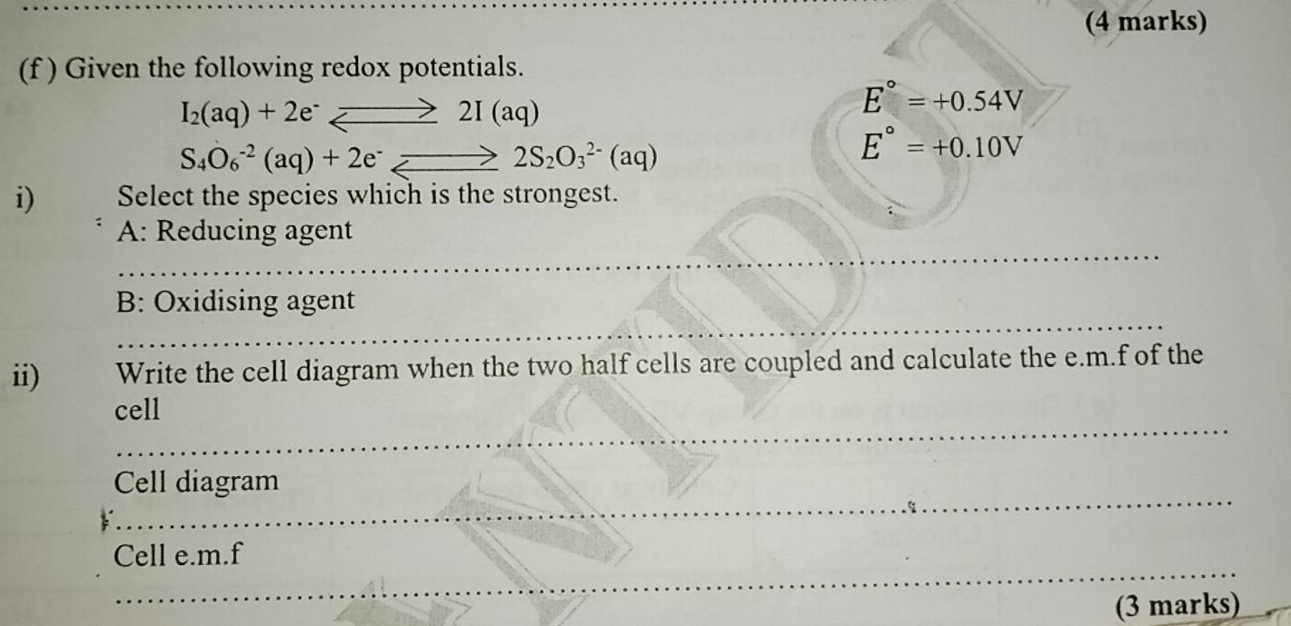 Solved: (f ) Given the following redox potentials. I_2(aq)+2e ...