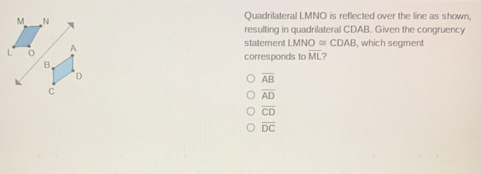 Solved: Quadrilateral LMNO is reflected over the line as shown, resulting in quadrilateral CDAB ...