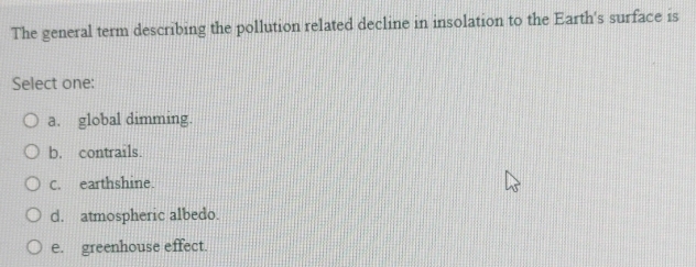 Solved: The general term describing the pollution related decline in ...